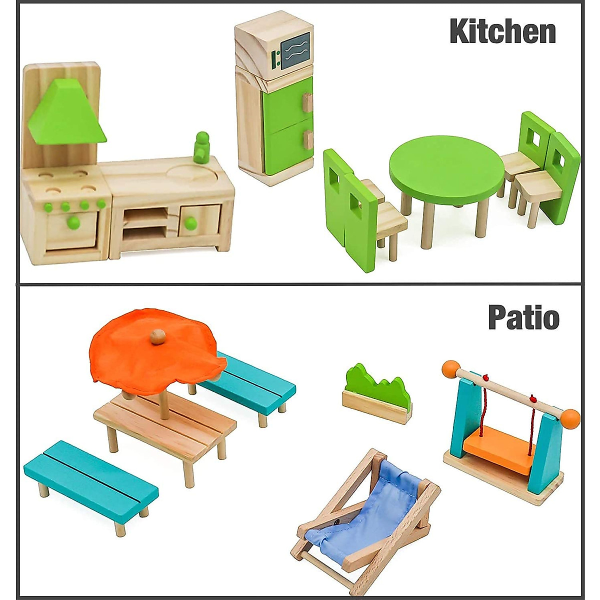 Pidoko Kids Dollhouse Furniture -Fully Furnished Bundle Set - (42 Pcs for 5 Rooms) - Wooden Toys