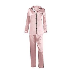 Aniywn Silk Satin Pajama Set For Women Soft Lounge Set Women's Silk Sleepwear Satin Long Sleeve Two Piece Pajama Pj Set B-pink
