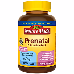 Nature Made Prenatal with Folic Acid + DHA, Prenatal Vitamin and Mineral Supplement for Daily Nutritional Support, 110 Softgels, 110 Day Supply