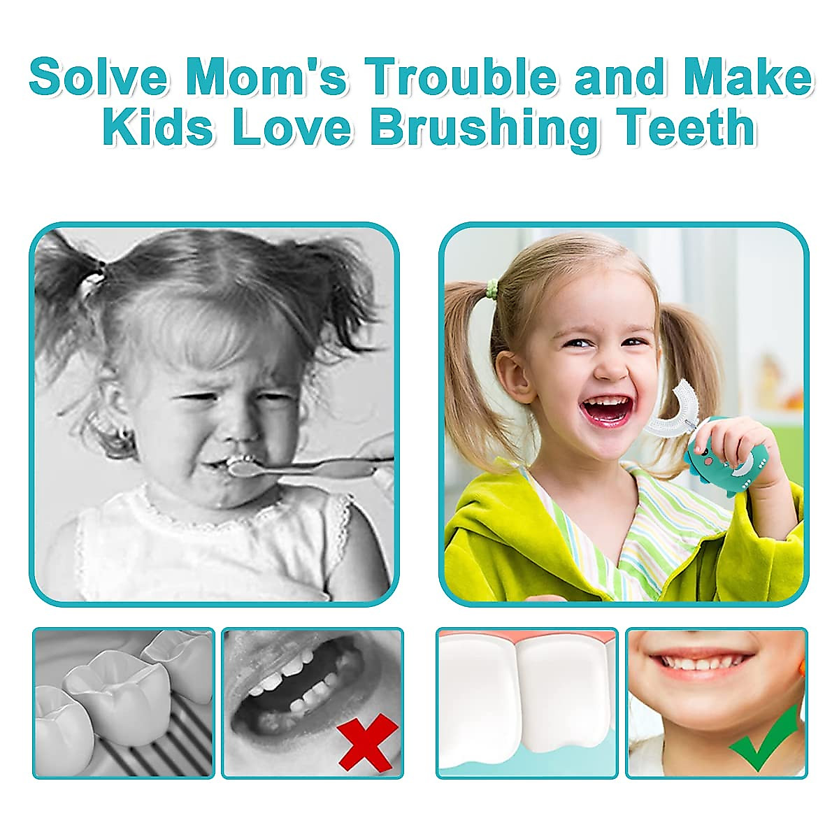 DORCAS U Shaped Toothbrush Kids Electric Toothbrushes, 6 Ultrasonic Cleaning Modes, IPX7 Waterproof, 59S Smart Reminder Toddler Toothbrush(Green Dinosaur, Ages 2-7)