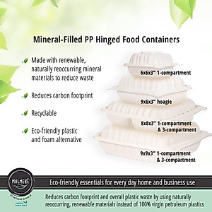MULMEHË Mineral Filled Polypropylene Plastic Hinged Take Out Food Containers, 9x6x3, Vented Single Compartment, Natural White, 50 Pack
