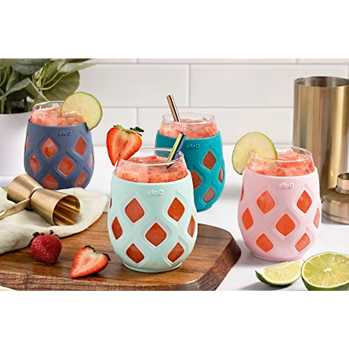 Ello Cru 17oz Stemless Wine Glass Set with Protective Silicone Sleeves, 4 Pack Cocktail Glass Perfect for Summer Patios and Parties Holiday Gifting Her Him Mother's Day, Dishwasher Safe, Rose