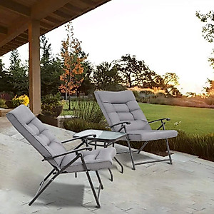 Patiomore 3 Pcs Patio Folding Bistro Set, Outdoor Metal Adjustable Recliner Furniture Set, 2 Foldable Padded Chairs and Coffee Bistro Table Set for Balcony, Backyard, Porch, Grey