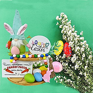 Easter Decorations-Easter Tiered Tray Decor-Easter Spring Table 2 Wooden Signs Gnomes Bunny,egg,Bead Garland Bundle-RusticTiered Tray Items (Easter Decorations)