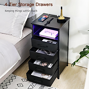 LOAKEKEL Night Stand, Tall Nightstand Set of 2 with Charging Station, Black Dresser for Bedroom with 4 Drawers, LED End Tables with USB Ports and Outlets, Bedside Table with Storage Bins, HNS034BK
