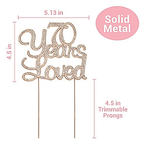 70 Cake Topper - Premium Rose Gold Metal - 70 Years Loved - 70th Birthday Party Sparkly Rhinestone Decoration Makes a Great Centerpiece - Now Protected in a Box