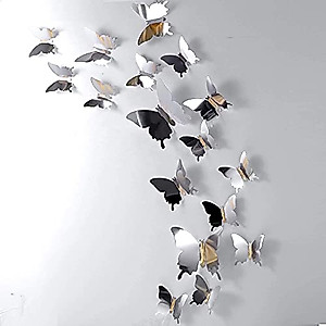 48 Pieces Butterfly Wall Decor DIY Mirror 3D Butterfly Stickers Removable Butterfly Decals for Home Nursery Classroom Kids Bedroom Bathroom Living Room Decor (Silver)