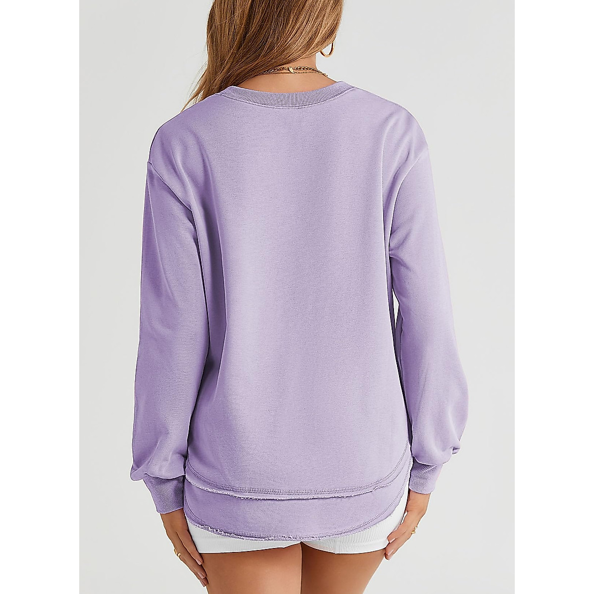 EVALESS Sweatshirt for Women Casual Long Sleeve Shirts Cute Lightweight Comfort Colors Crewneck Cotton Sweatshirts Loose Fit Side Split Pullover Tunic Tops 2025 Fall Fashion Clothes Purple Medium