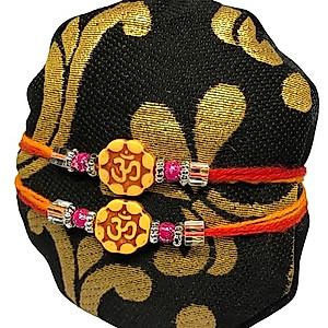 Set of 2 Rakhi Thread, Brown OM with Crystal and Pink Beads Rakhi, Rakhi for Bhaiya, Rakhi for Bhabhi, bhai, Brother.