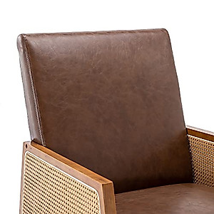 Haplized Brwon Leather Rocking Chair, Modern Rattan Armrests Accent Chair with Padded Seat and High Backrest, Comfy Rocker for Nursery, Living Room, Bedroom