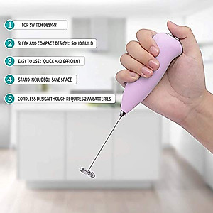 SONWELL Coffee Milk Frother Handheld, Drink Coffee Mixer with Stainless Steel Stand, Battery Operated Electric Foam Maker, Milk Foamer for Lattes, Frappe, Matcha, Hot Chocolate PINK,Halloween Gifts