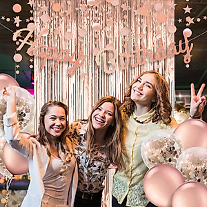 Rose Gold Birthday Party Decoration - Happy Birthday Banner, Glitter Circle Dot Garland Streamer, Rose Gold Fringe Curtain, Foil Tablecloth, Rose Gold Balloons, for Women Girl Birthday Party