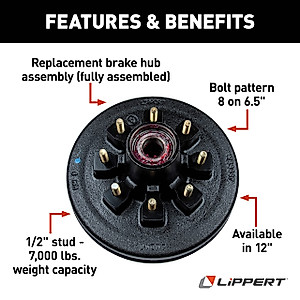 Lippert Replacement 12" Brake Drum Hub Assembly for RVs with 7,000-lb. Axle; 8 on 6.5" Bolt Pattern, 1/2" Studs; Fully Assembled with Bearing Cones, Seals, Grease, Limited 1-Year Warranty - 814203