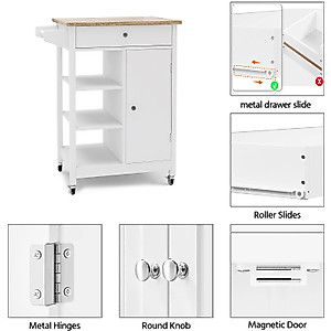 RASOO Kitchen Cart with Storage White Small Narrow Island Cart on Wheels Wood Top Storage Cabinet with Single Door and One Drawer Solid & 2 Open Shelves