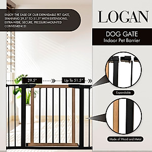 NMN Designs Logan Dog Gate - Indoor Pet Barrier and Wooden Dog Gate with Walk Through Swinging Door - Pressure Mounted for Walls and Stairs - Puppy Gates for The House - Expandable 29.5" to 51.5"