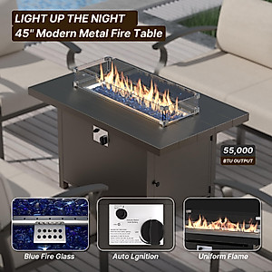 Gotland 6 Seats Outdoor Metal Patio Furniture Set with 55,000 BTU Gas Fire Pit Table w/Glass Wind Guard Patio Conversation Sectional Sofa Sets-Khaki