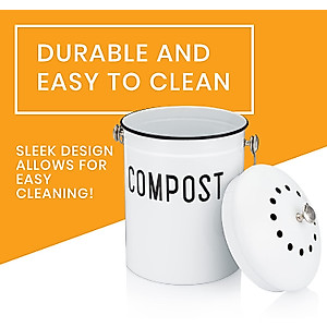 JRW Design White Kitchen Compost Bin Plus 2 Non-Smell Filters, 1.3 Gallon Farmhouse Bin for Countertop, Durable Bin Kitchen with Handle, Easy to Clean, Rust Proof Composting Bin, Compost Bucket