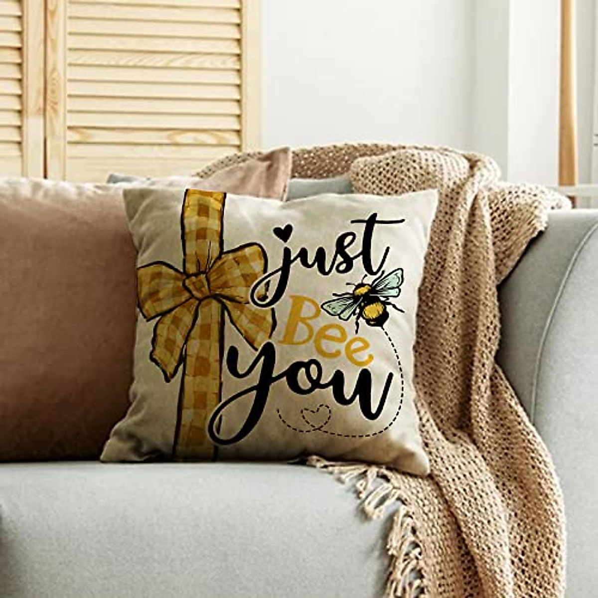 Fjfz Spring Bumble Bee Sunflower Decorative Throw Pillow Covers 18x18 Set of 4, Summer Farmhouse Black White Stripe Porch Patio Home Decor, Yellow Buffalo Plaid Check Quote Outdoor Couch Cushion Case