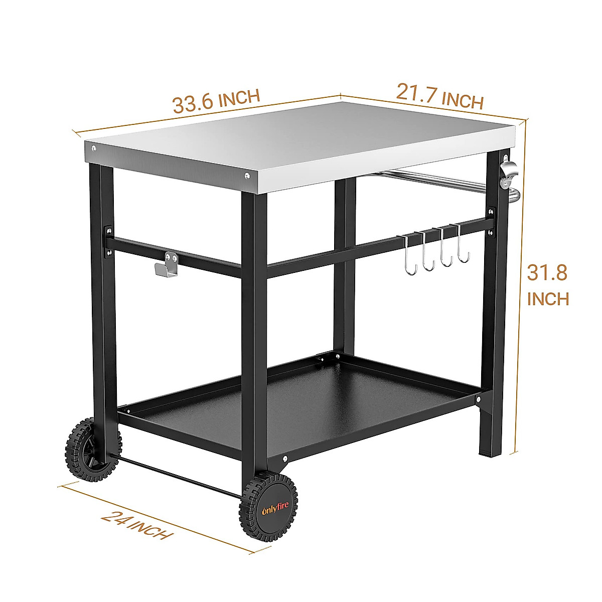 onlyfire Stainless Steel Movable Dining Cart Table, Pizza Oven Table, Multifunctional Utility Cart with Wheels for Outdoors, Kitchen or Backyard Patio