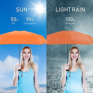 LEAGERA Compact Travel Umbrella with Case - Mini Umbrella for Purse, Small Lightweight &Tiny Umbrellas Design Perfect for Parasol Outdoor Sun&Rain,Orange