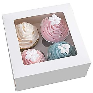 [15pcs]White Paper Cupcake Boxes,Valentines Day Cookie Gift Boxes with Clear Window, Auto-Popup Cupcake Containers Carriers Bakery Cake Box with Insert 4 Cavity (White,15)