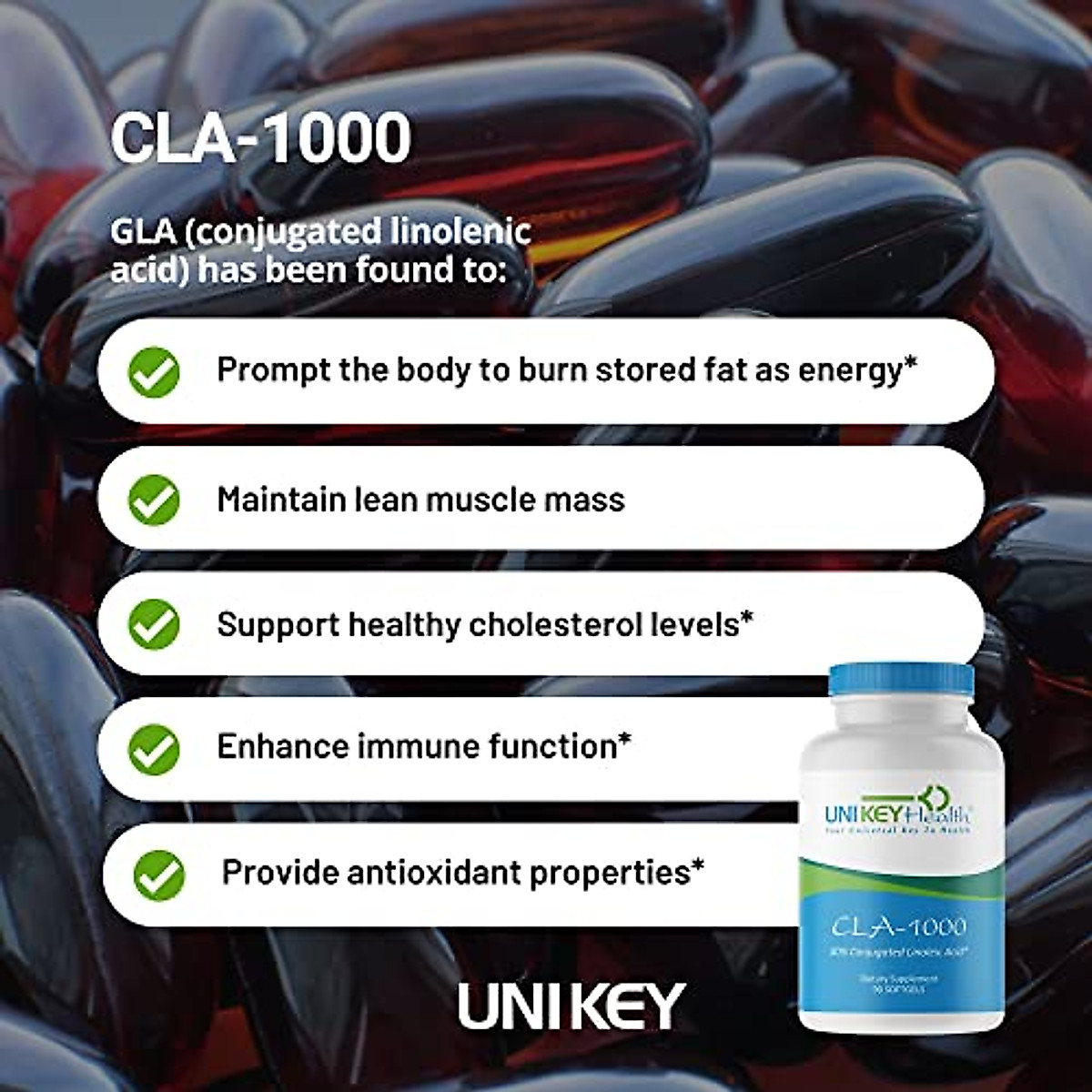 Uni Key Health CLA-1000 | Naturally Supports Healthy Weight Management | 800 mg Conjugated Linoleic Acid | 90 Servings