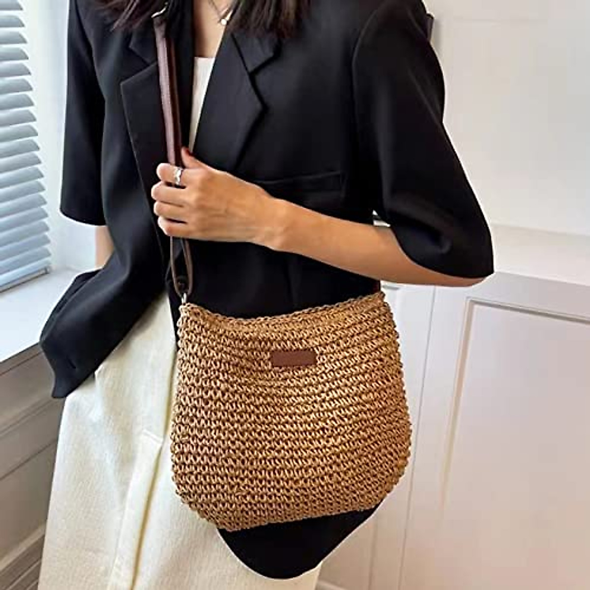 Cmtpuy Summer Beach Bag Women Straw Crossbody Woven Shoulder Handbag Beach Vocation Purse (Khaki)