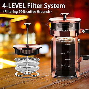 YMMIND French Press Coffee Maker 304 Stainless Steel Coffee Press,with 4 Filters System, Heat Resistant Thickness Borosilicate French Press Glass, BPA-Free Brewed Tea Pot Coffee Plunger