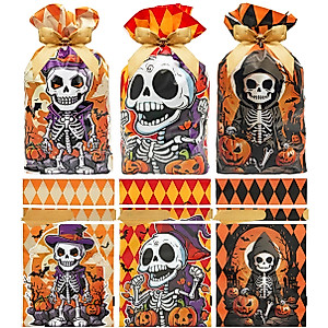 Jexila 50PCS Halloween Candy Bags Halloween Goodie Treat Bags with Drawstring Halloween Party Favor Bags for Kids Trick or Treat 5.9''X9'' (Skull)