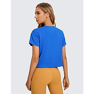 CRZ YOGA Women's Pima Cotton Workout Short Sleeve Shirts Loose Athletic Crop Tops Gym Casual Cropped T-Shirt Strong Blue Medium