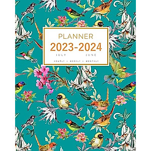 Planner July 2023-2024 June: 8x10 Large Notebook Organizer with Hourly Time Slots | Summer Flower Exotic Bird Design Teal