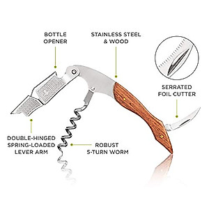 True Sommelier Waiter Corkscrew Spring Loaded Double Lever Wine Opener Waiter’s Bartender Accessory, Stainless Steel and Wood, Set of 1
