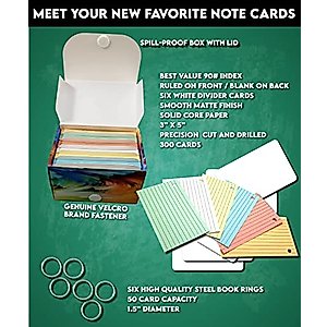 300 ruled index cards with rings (3" x 5") in 6 colors, with storage box. Ideal for students, teachers, note-taking, and language learning. Made in USA.