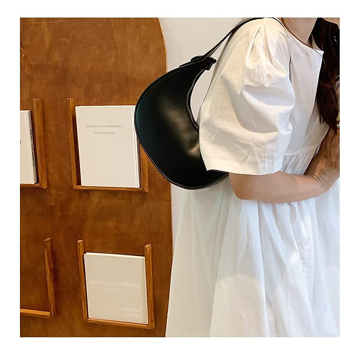 HANDAFA PU Leather Moon Bag Half Moon Hobo Bag Crescent Saddle Shoulder Purse For Women(Black)