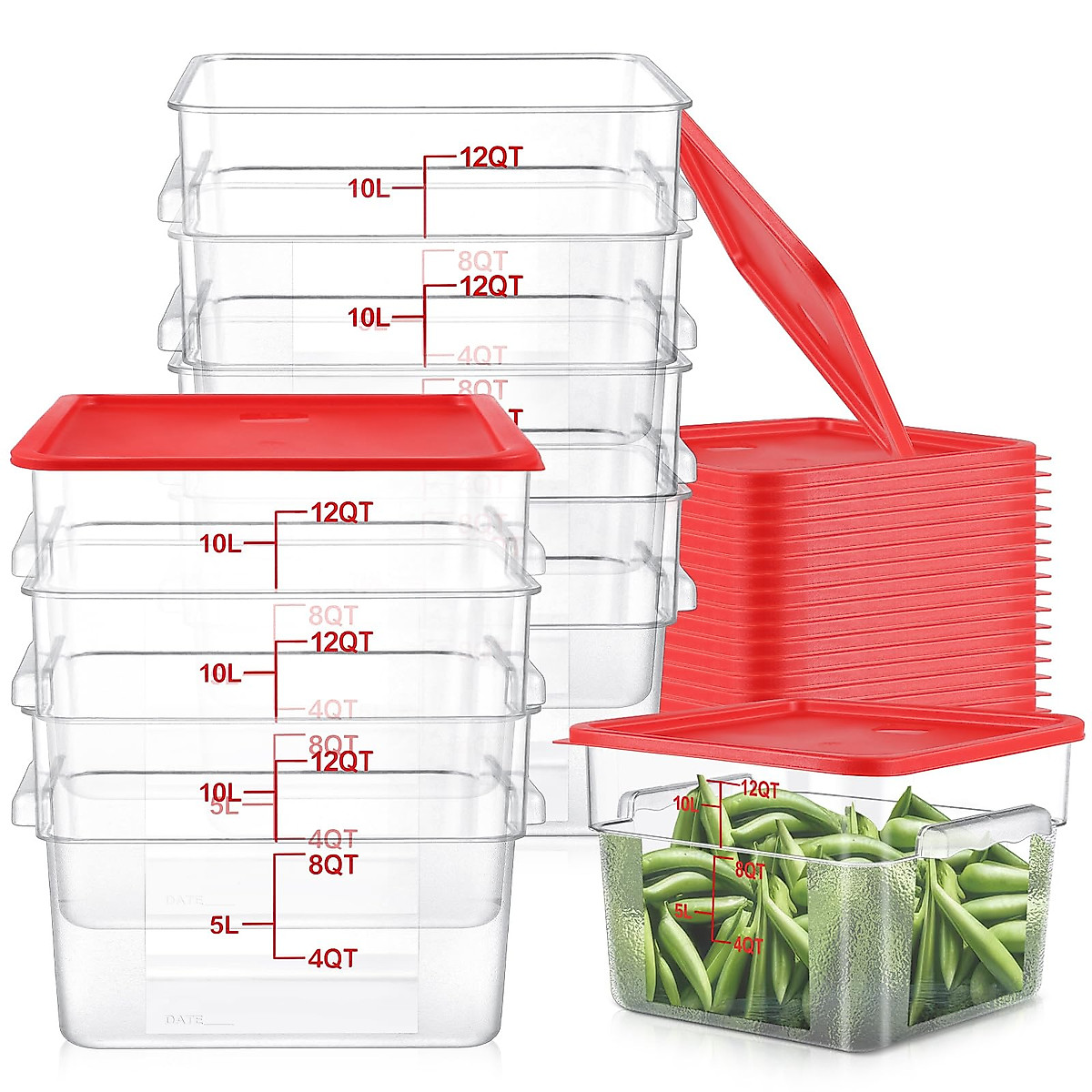 Ziliny 8 Pack Polycarbonate Square with Red Lids 12 Qt Food Storage Containers Commercial Airtight Clear Bucket Brining Food Container