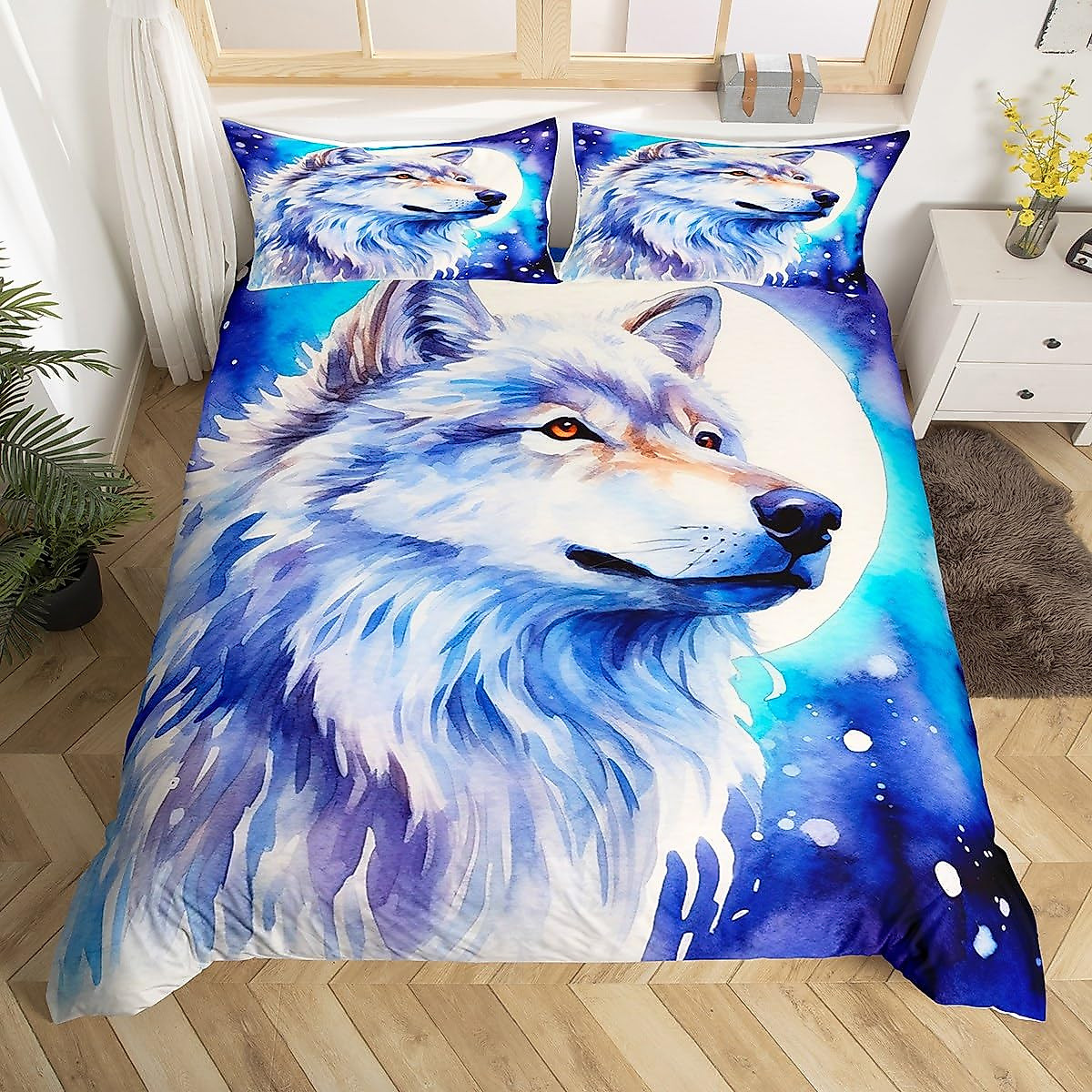 Wolf Bedding Duvet Cover Set Galaxy Wolves Howling Kids Bedding Set Animal Wolves Comforter Cover Set for Boys Room Decor Mountain Moon Wolf Space Outer Sky Bedspread Cover Queen With 2 Pillow Case