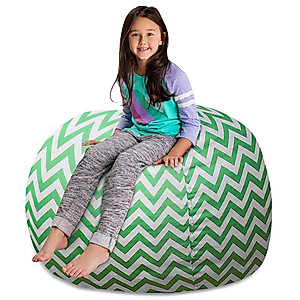 Posh Stuffable Kids Stuffed Animal Storage Bean Bag Chair Cover - Childrens Toy Organizer, X-Large 48" - Pattern Chevron Green and White