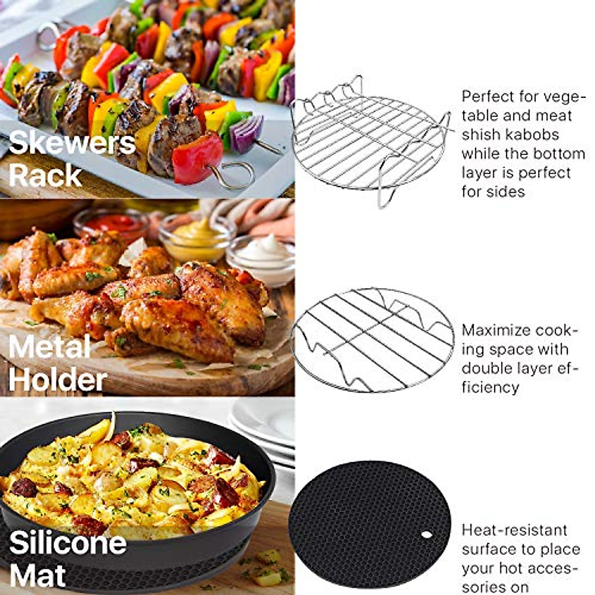 Flexzion Air Fryer Accessories for Phillips Gowise Ninja Foodi Cozyna Cosori Nuwave Air Fryer Accessories Parts 6 Set 7 Inch Fit All 2.6, 3.7, 5, 5.3, 5.8, 6, 8, 12 QT with Air Fryer Recipe Cookbook