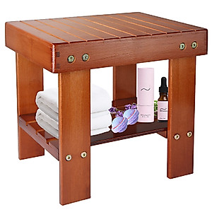 Bamboo Shower Bench Spa Stool 14 Inch Waterproof Shower Benches for Inside Shower with Storage Shelf, Small Wooden Seat Stool for Kids, Bathroom, Bedroom Kitchen Mudroom Foyer Entryway Shoe Bench