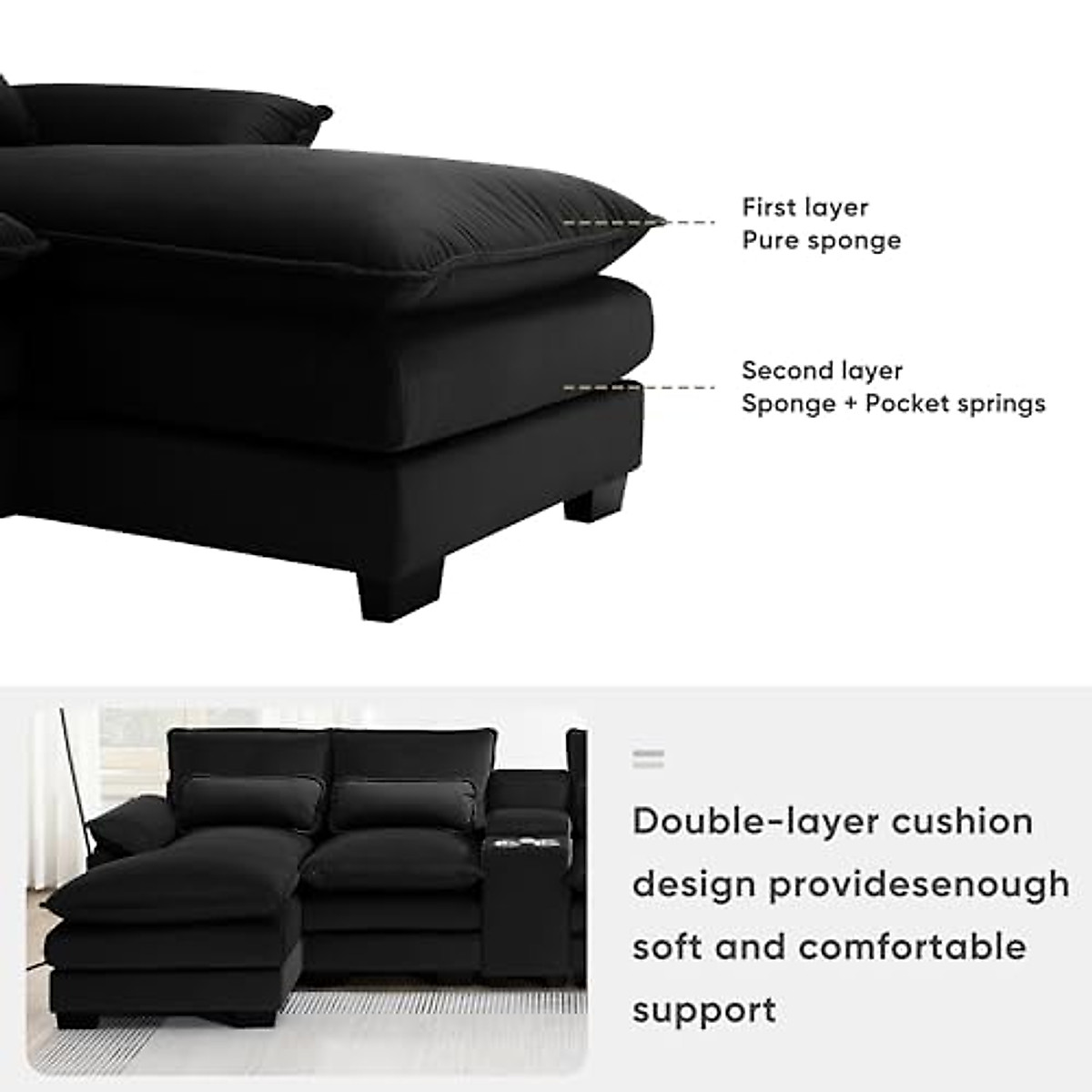 Acosure 123" L Modern U-Shaped Sofa with Double Cushions & 4 Waist Pillows,6-seat Upholstered Symmetrical Sleeper Couch Set W/Chaise & Console,Cupholders & USB Ports,for Living Room,Apartment,Black