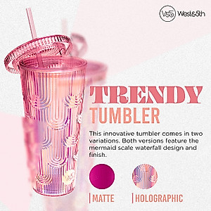 WEST & FIFTH Mermaid Scale Tumbler with Lid & Straw- Fashion, Trendy, Holographic & Iridescent Water Bottle- BPA Free Plastic Cold Cup- 24 Ounces (Peach, Holographic)
