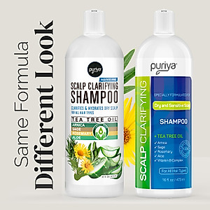 Puriya Tea Tree Clarifying Shampoo. Plant Rich Dry Itchy Scalp Relief, for Kids, Adults, Sulfate Free, No Harsh Chemicals Seen in Dandruff Treatment, Seborrheic Dermatitis, Psoriasis Shampoo, 16 oz