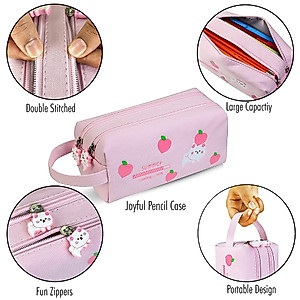 WittySilly Cute Cat Pencil Pouch for Girls, Kawaii Large Capacity Pink Pencil Case, Stationery Organizer Bag, High School College Pen Case, Office Supply Case Organizer (Soft Pink)