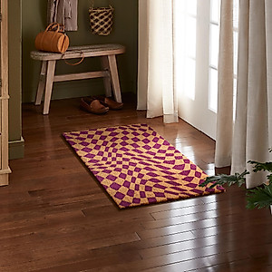 TOWN & COUNTRY TERRA Emmett Groovy Checkerboard Door Mat, Natural Coir, Heavyweight, Non-Slip Entryway Mat, Purple, 18"x30"