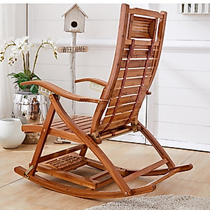 LOERSS Foldable Rocking Chair,Garden Deck Chairs for Elderly,Bamboo Chair,Foldable Recliner,Outdoor Rocking Chair,Garden Chair,with Headrest Pillow and Foot Massage Board