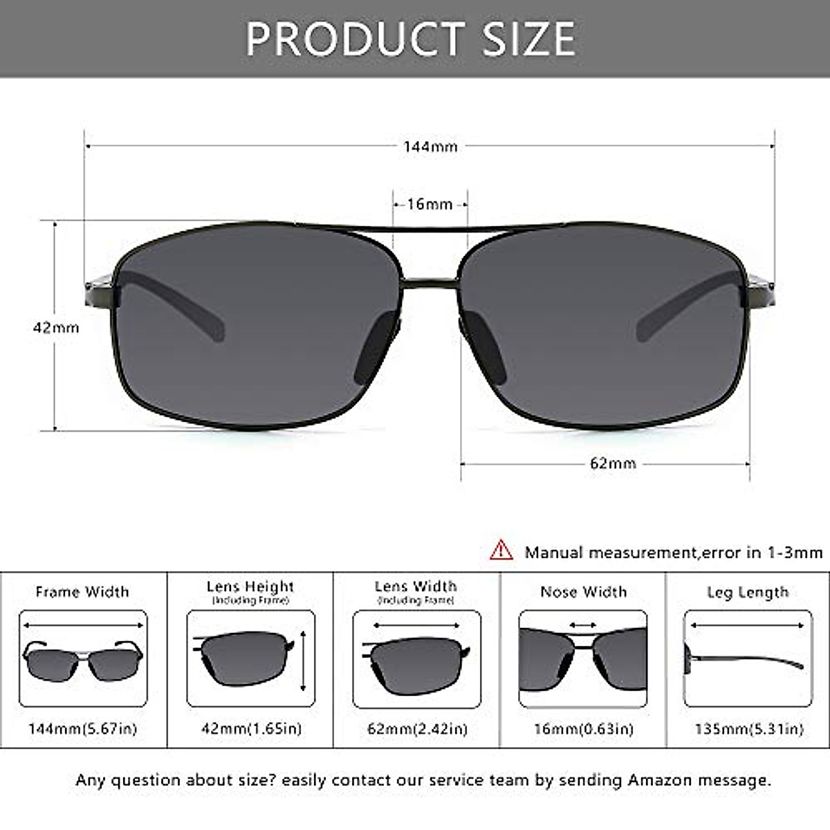 SUNGAIT Ultra Lightweight Rectangular Polarized Sunglasses UV400 Protection (Gunmetal Frame Gray Lens, 62) Metal Frame 2458 QKH