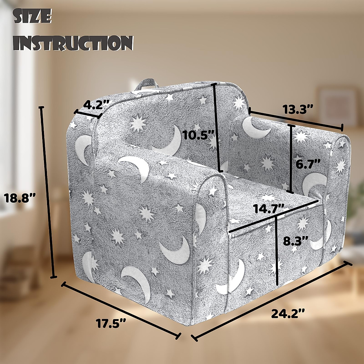 magic handle Toddler Chair, Glow in The Dark Kids Foam Chair with Removable and Washable Cover Carrying Handle, Toddler Armchair, Kids Chair, Toddler Couch (Moon Grey)