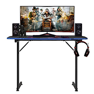 BestOffice Gmaing Desk Z Shaped 47 inch Gaming Workstation Ergonomic Gaming Table PC Computer Desk with Headphone Hook for Game Players, Blue