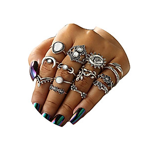Yokawe Vintage Crystal Rings Set Silver Boho Rhinestone Finger Rings Star Moon Knuckle Ring Gem Joint Ring Stacking Midi Rings Jewelry for Women(14 PCS)