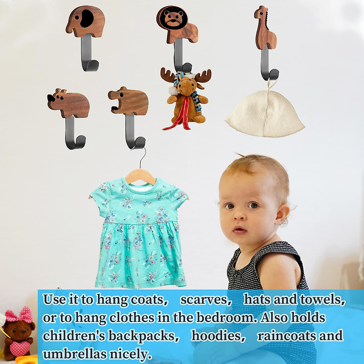 Qivine 5Pcs Wood Cute Animal Coat Hooks, Kids Coat Rack, Kids Coat Rack Wall Mount, Wall Hooks for Hanging, Giraffe Lion Elephant Animal Nursery Hooks for Nursery Bathroom Bedroom Home Decor